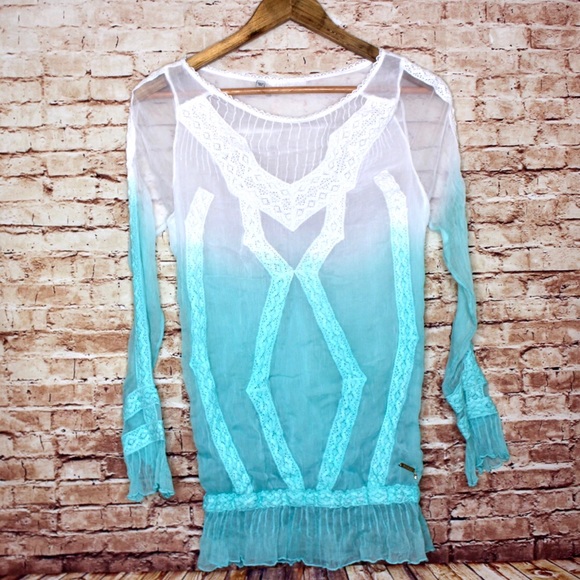 Guess | Tops | Guess Turquoise White Gradient Mermaid Boho Blouse ...